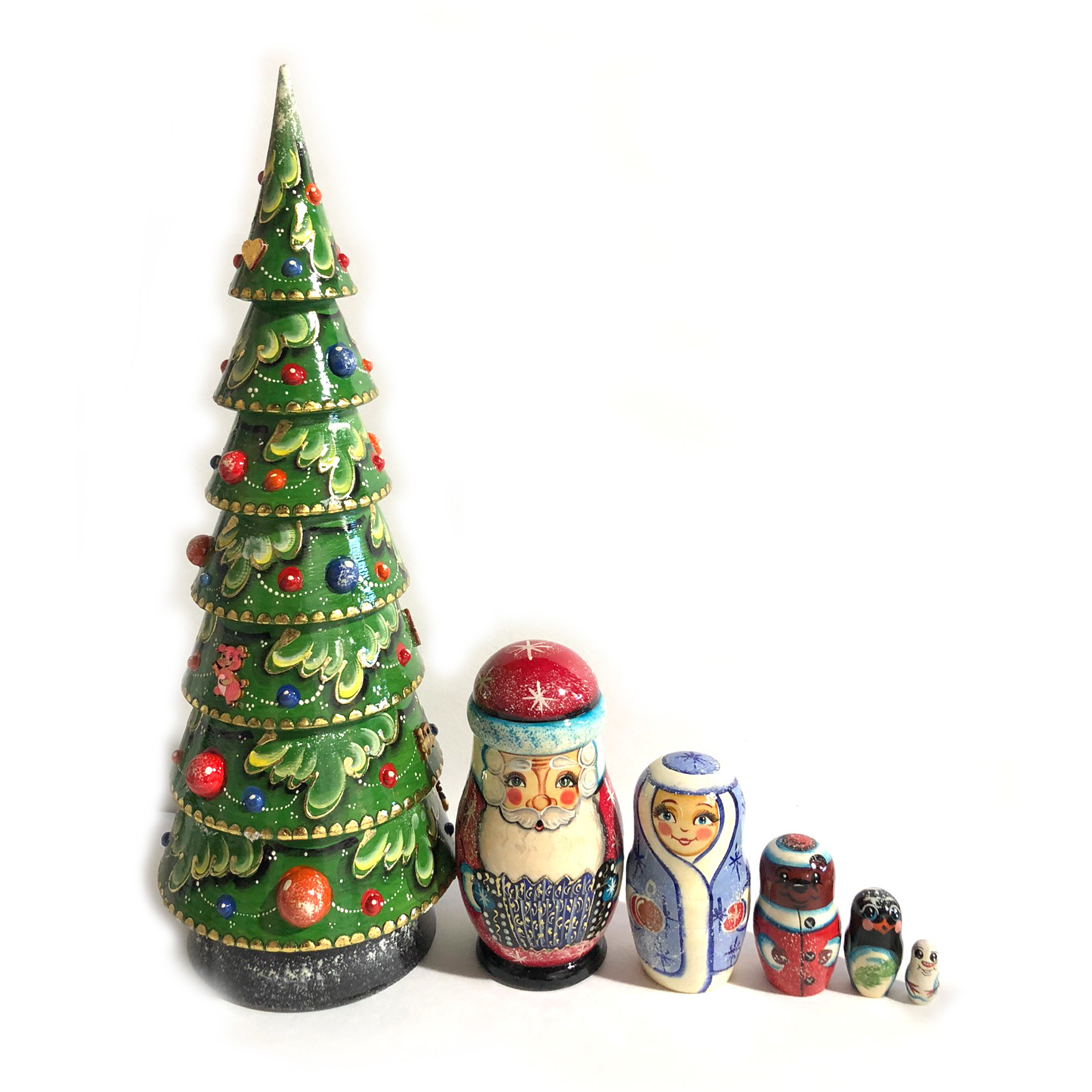 M810 Nested Woode Tree 3 Nested Santa Claus And Snomwan 5x2 12