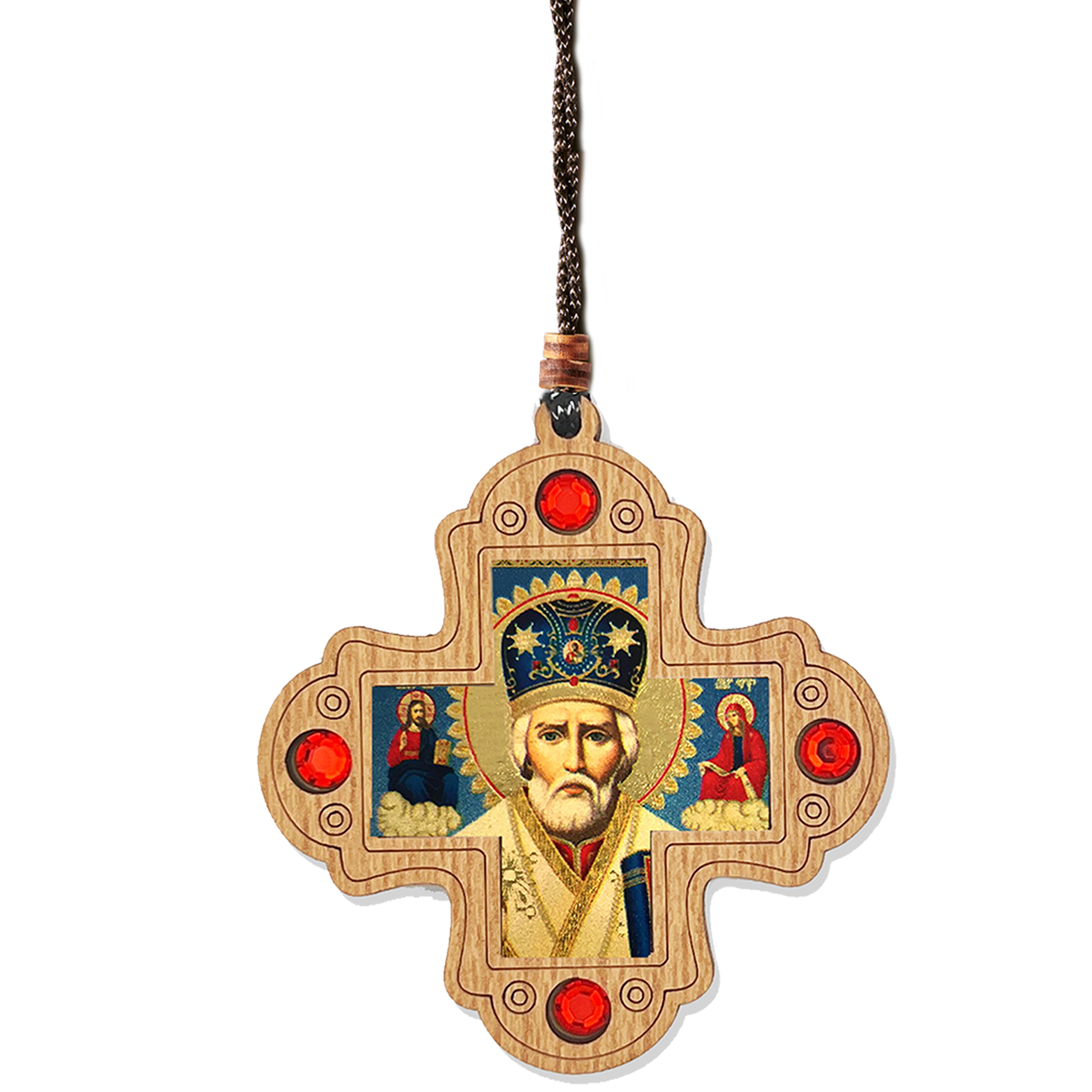 Saint Nicholas With Crown Wooden Icon Cross Pendant on Rope for Car