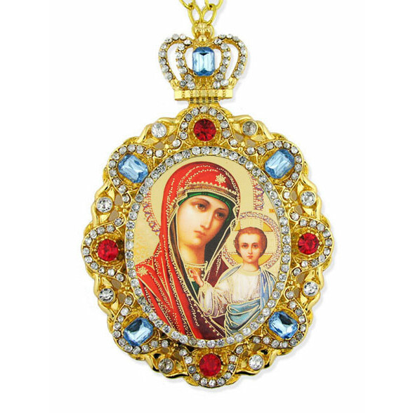 Russian Icons :: M-8-64 Virgin of Kazan Icon Pendant Framed Jeweled ...